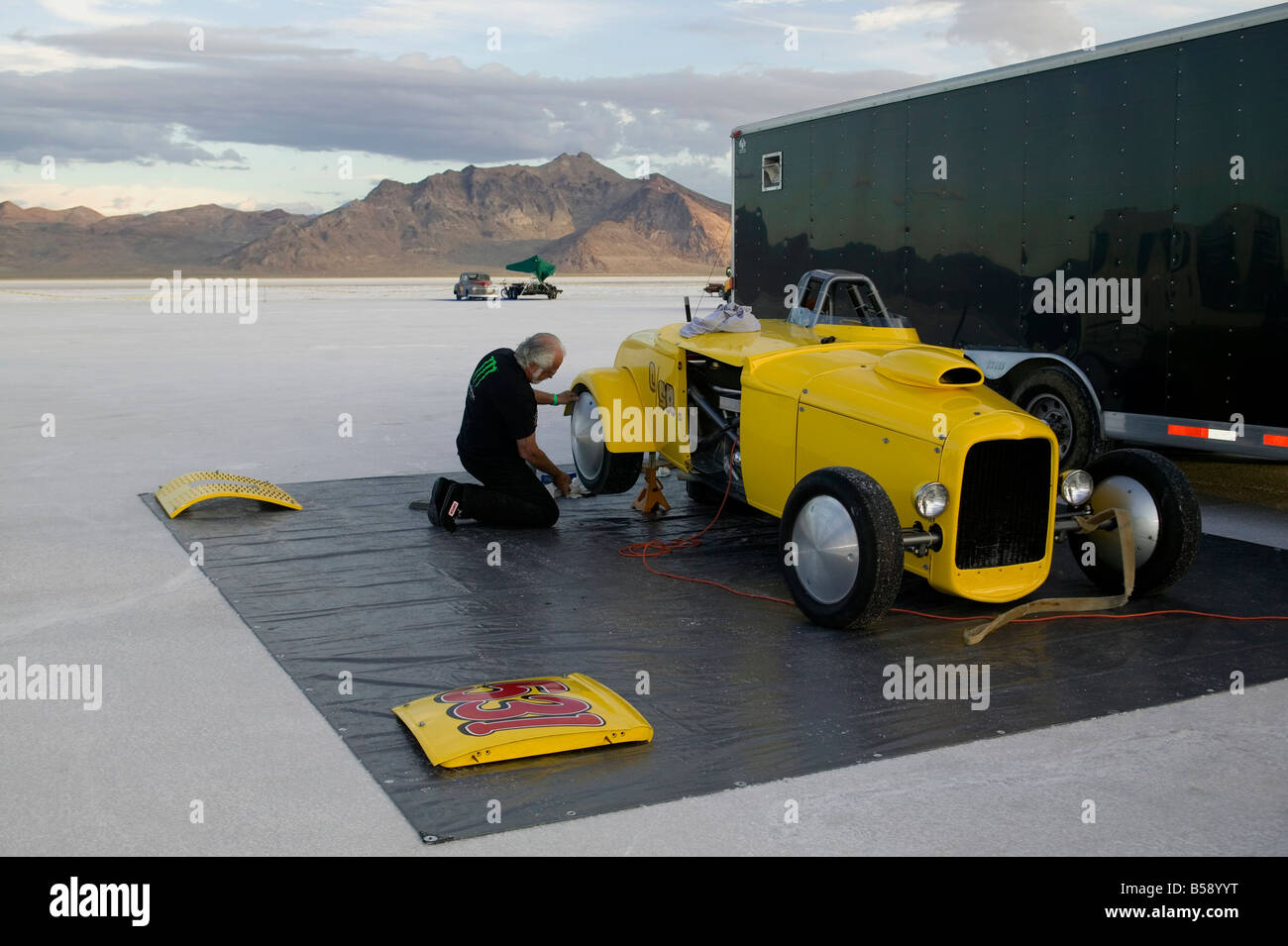 Hot Rod being prepared for sped run on Bonneville Speedway Salt Flats ...