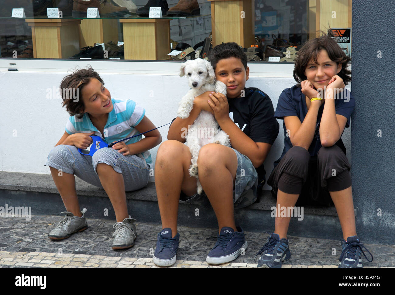 Three boys sitting on step with pet dog Stock Photo - Alamy