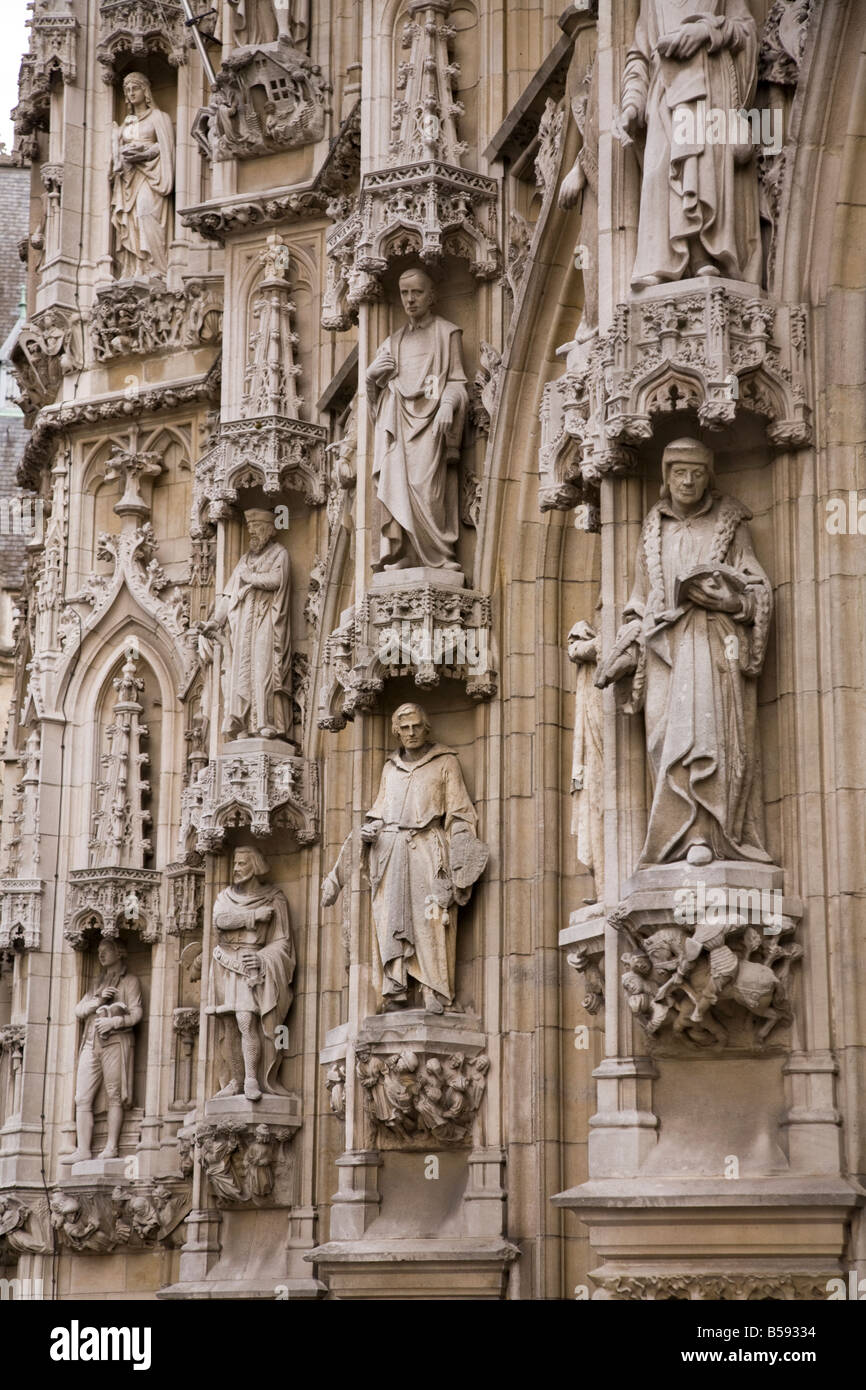 Carved statues forming the facade of Leuven Stadhuis (town hall). Grote ...