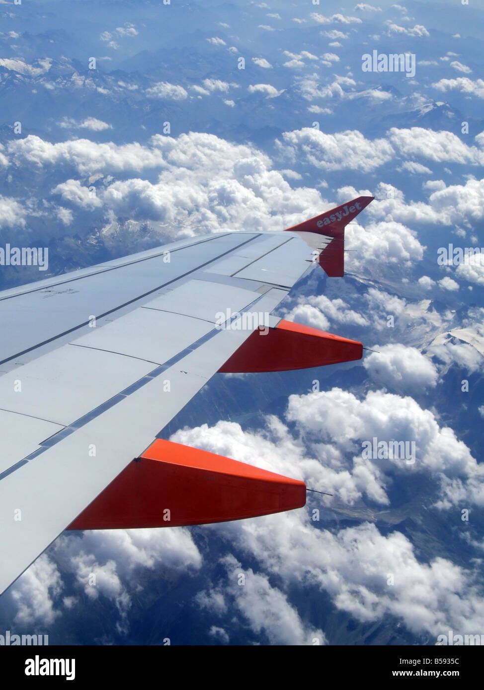 easyjet plane wing in blue sky with clouds Stock Photo - Alamy