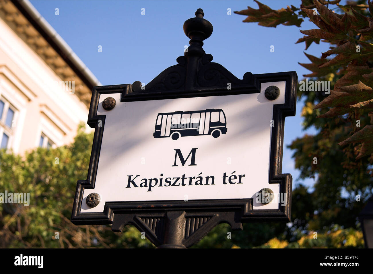 Bus stop sign, Castle Hill, Buda, Old Town, Budapest, Hungary Stock ...