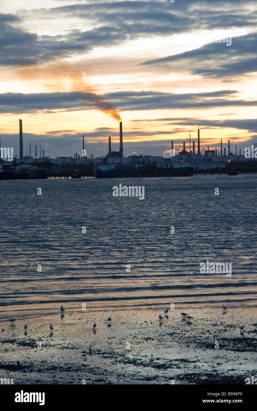 Fawley oil refinery on Southampton Water, Hampshire, England at dusk ...