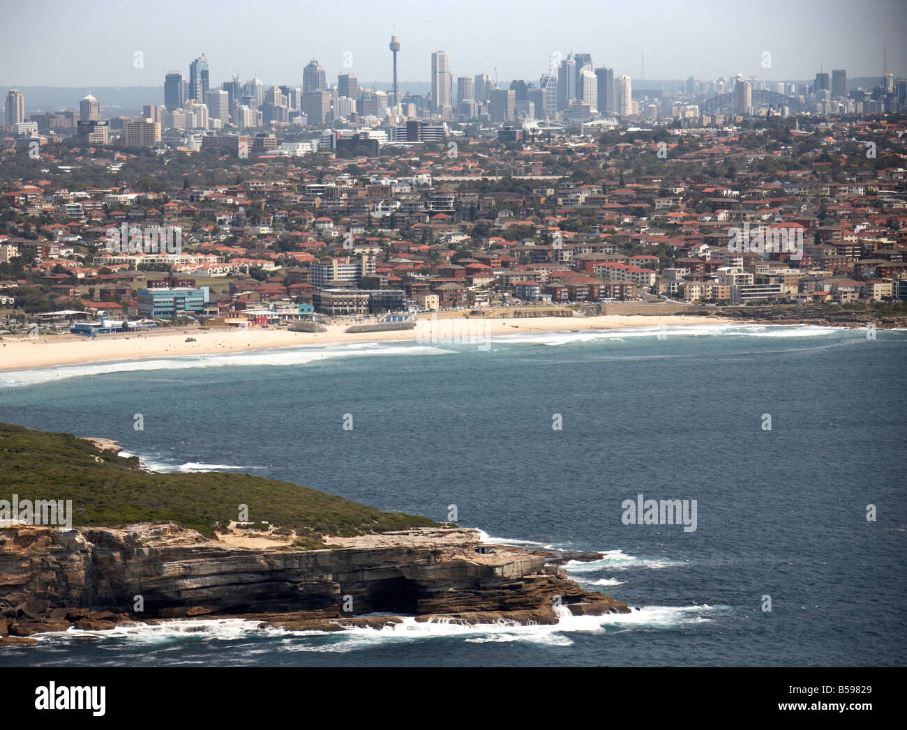 Aerial view north west of Maroubra Bay suburban houses and city ...