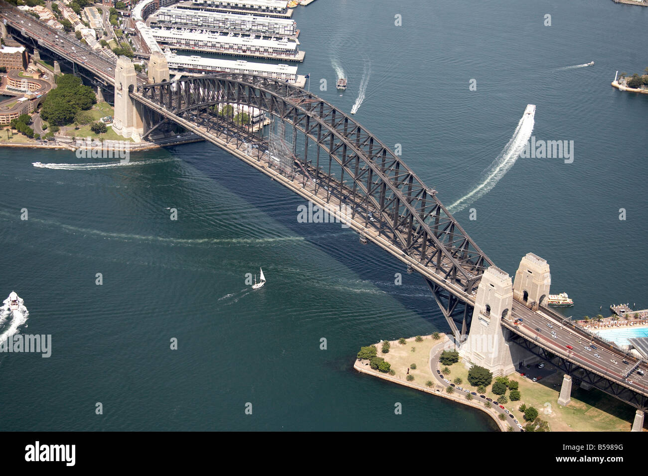 Aerial view west of Harbour Bridge Dawes Point Pier Olympic Place ...