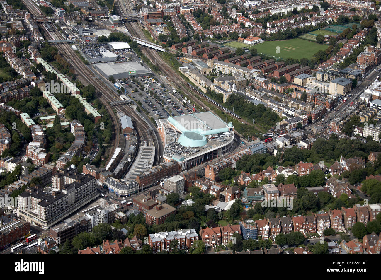 Aerial view north west of Finchley Road Frognal Rail and Tube Stations ...