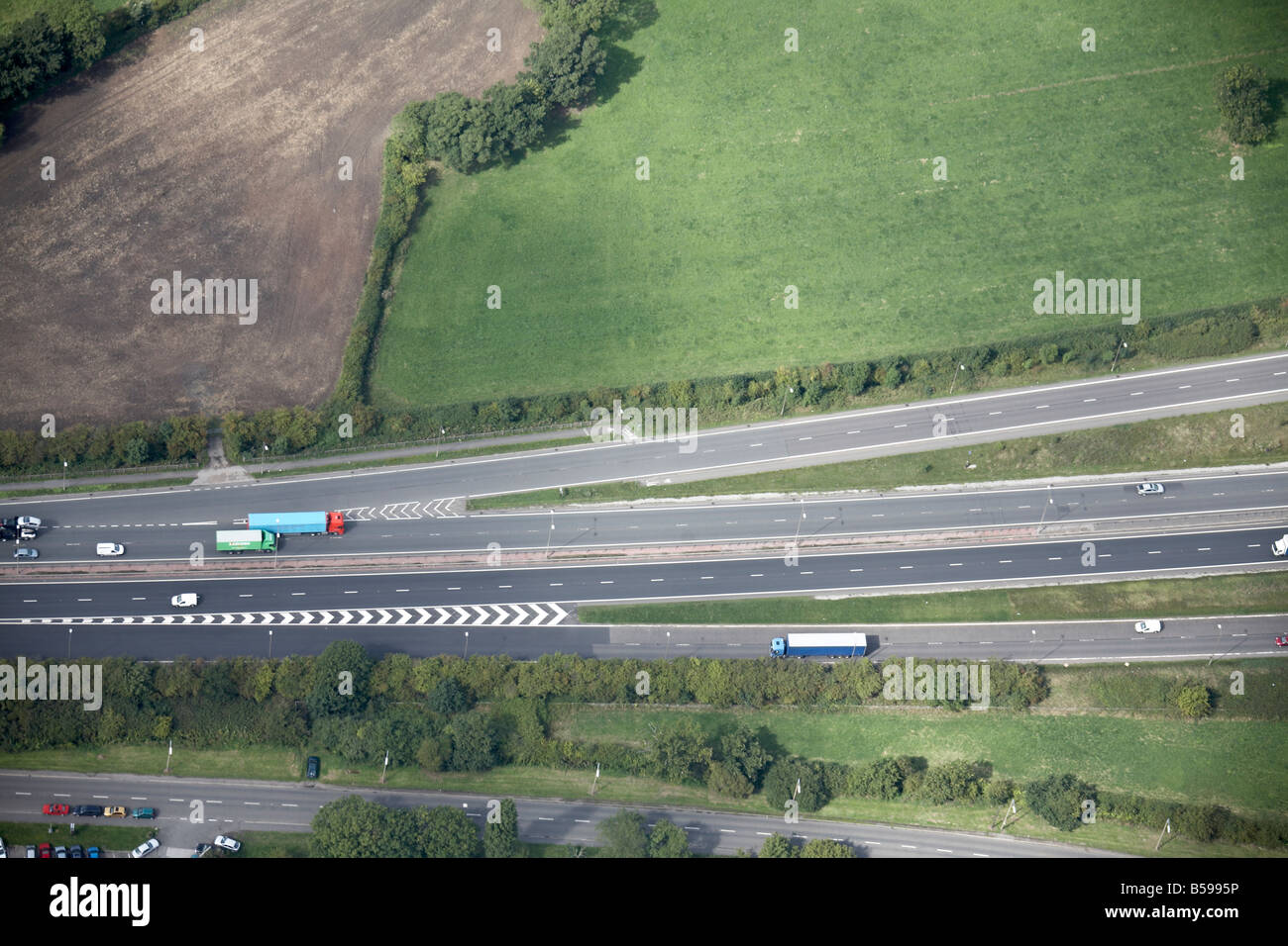 Aerial view north west of Burton Road A38 lorries country fields Derby ...