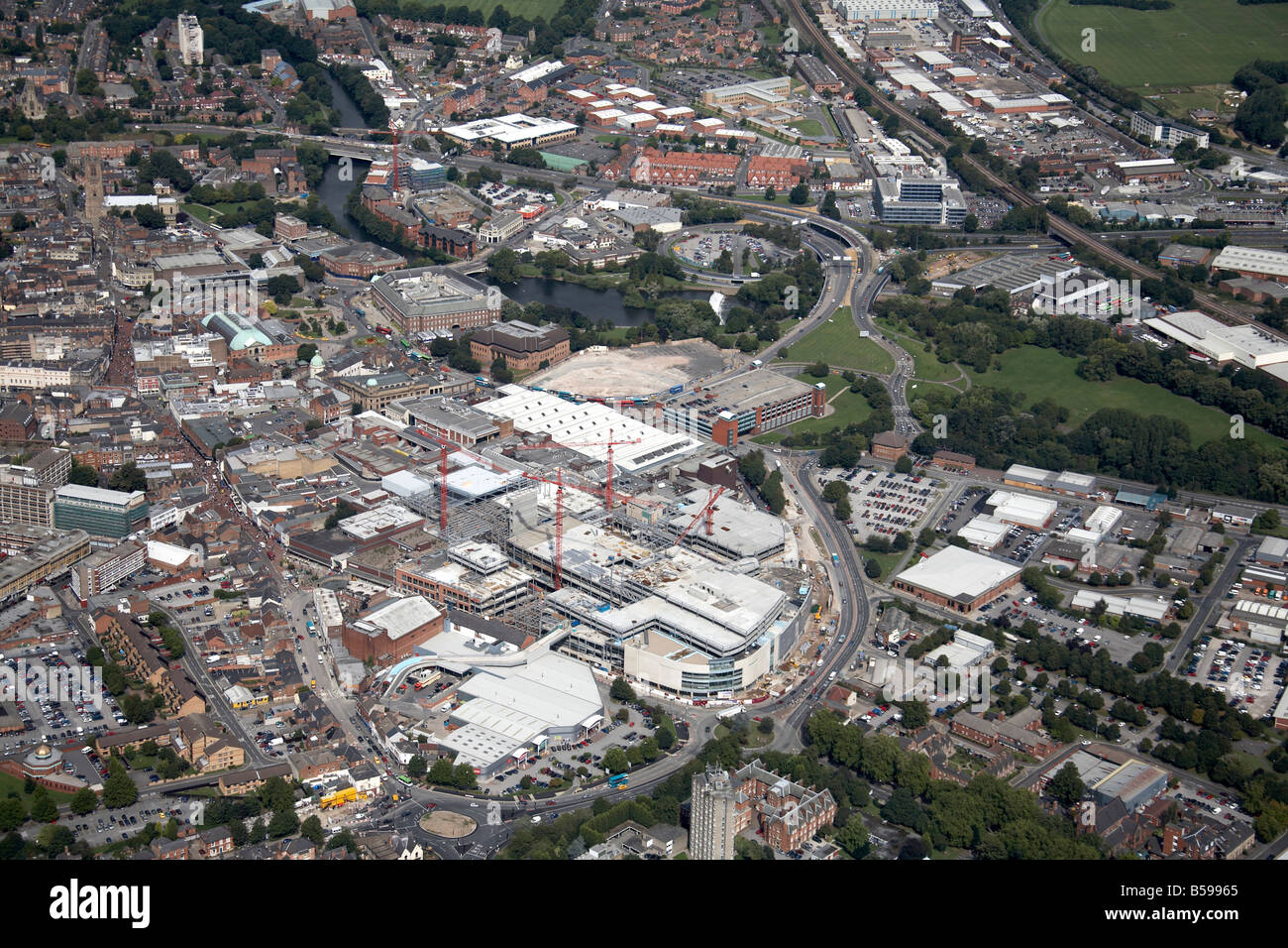 Aerial view north east of Derby City Centre River Derwent Traffic ...