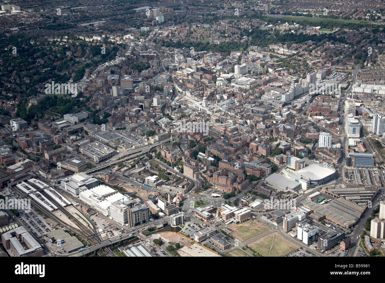 Aerial view north west of Nottingham City Centre Middle Hill Canal ...