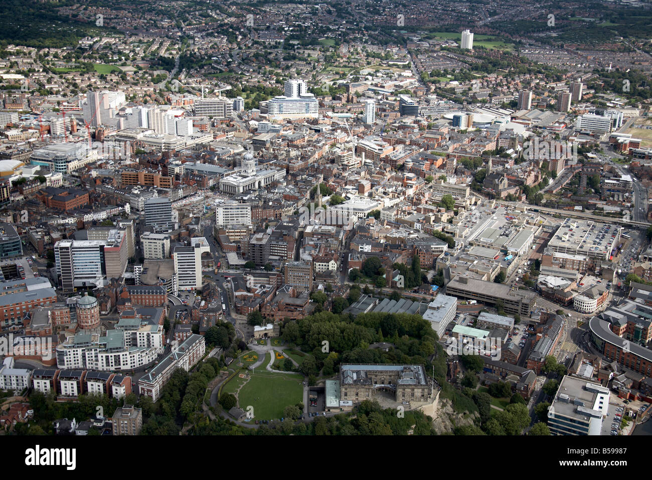 Aerial view north east of Nottingham Castle off Maid Marian Way and ...