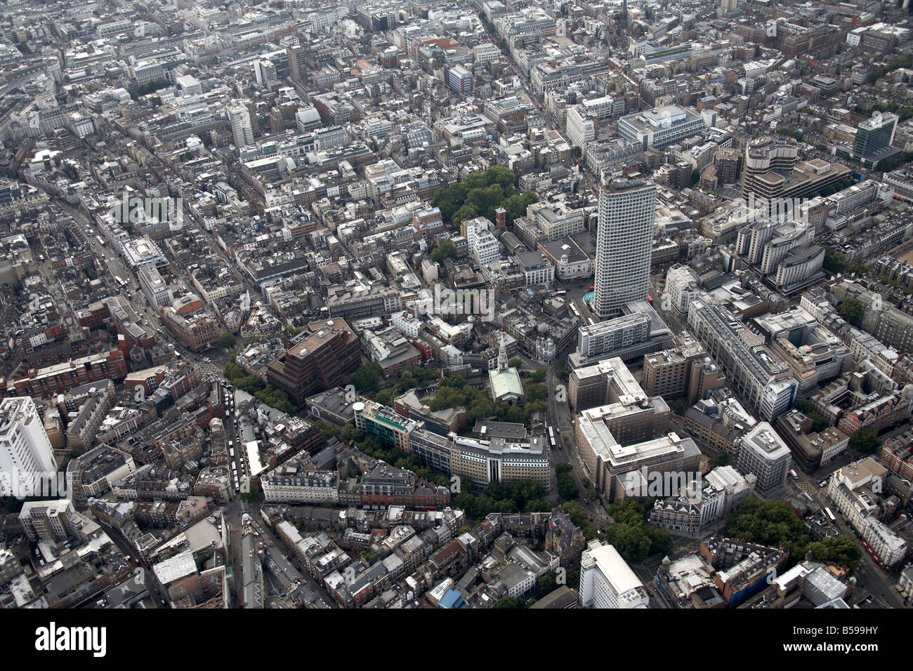 Aerial view north west of Oxford Street Charing Cross Road Centre Point ...
