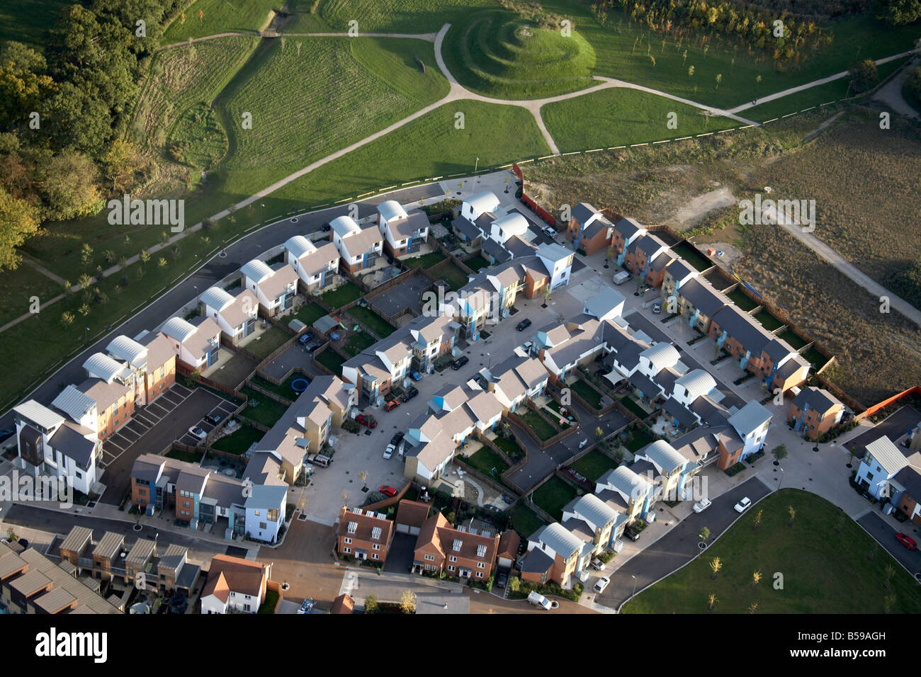 Aerial view south east of modern suburban housing development communal ...