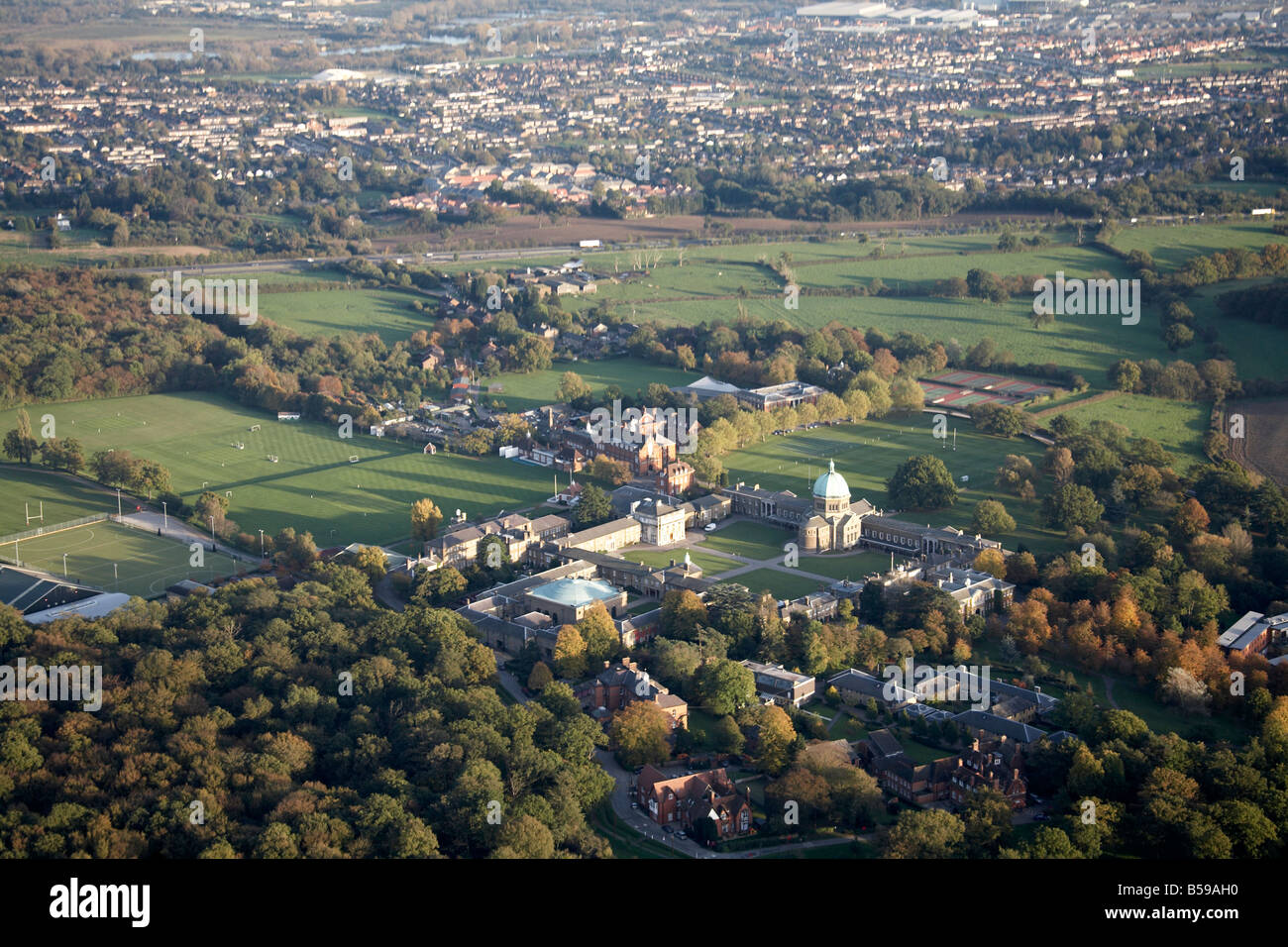 Aerial view south east of Haileybury College playing fields tennis ...