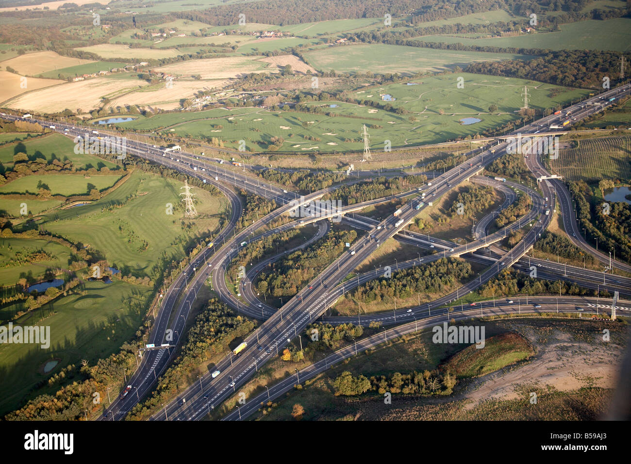 Aerial view east of M25 Motorway Junction 27 M11 Motorway Junction 6 ...