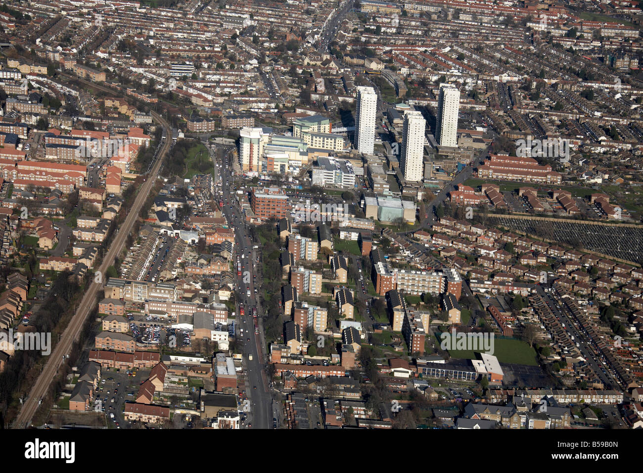 Aerial view north east of Lower Edmonton suburban houses tower blocks ...