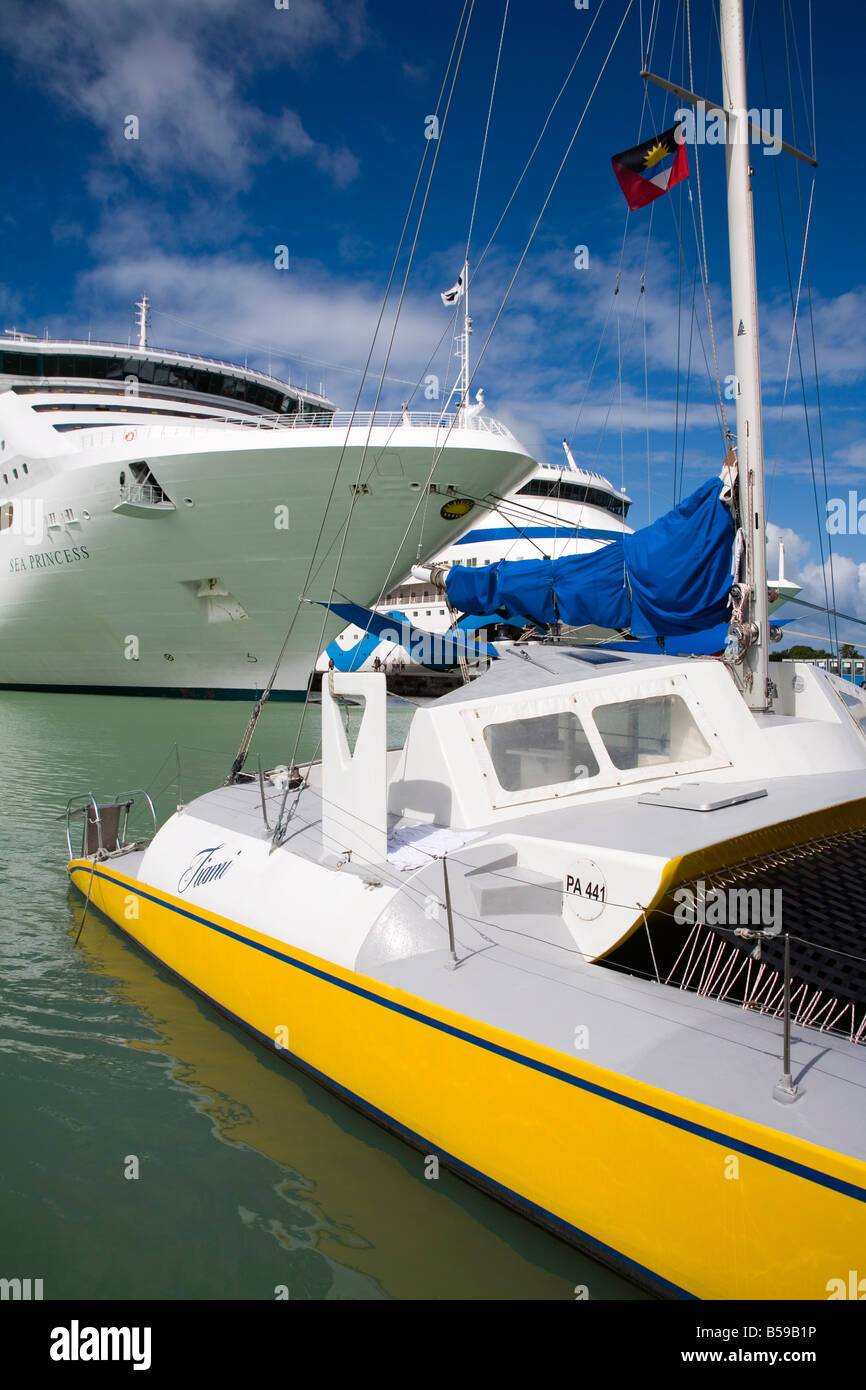 Catamaran and cruise ships, Heritage Quay, St. Johns, Antigua Island ...