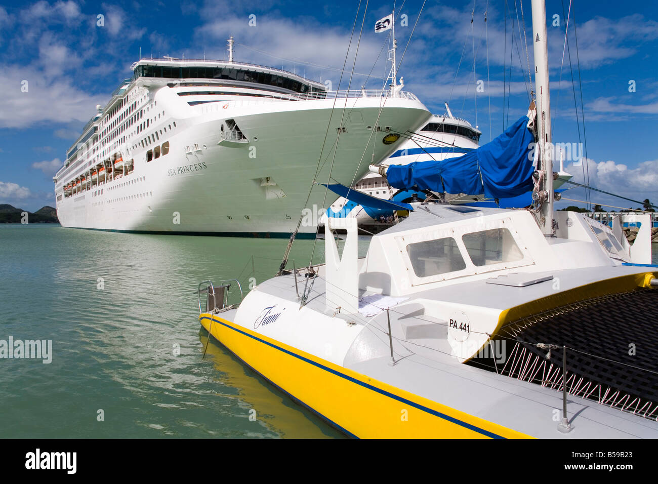 Catamaran and cruise ships, Heritage Quay, St. Johns, Antigua Island ...
