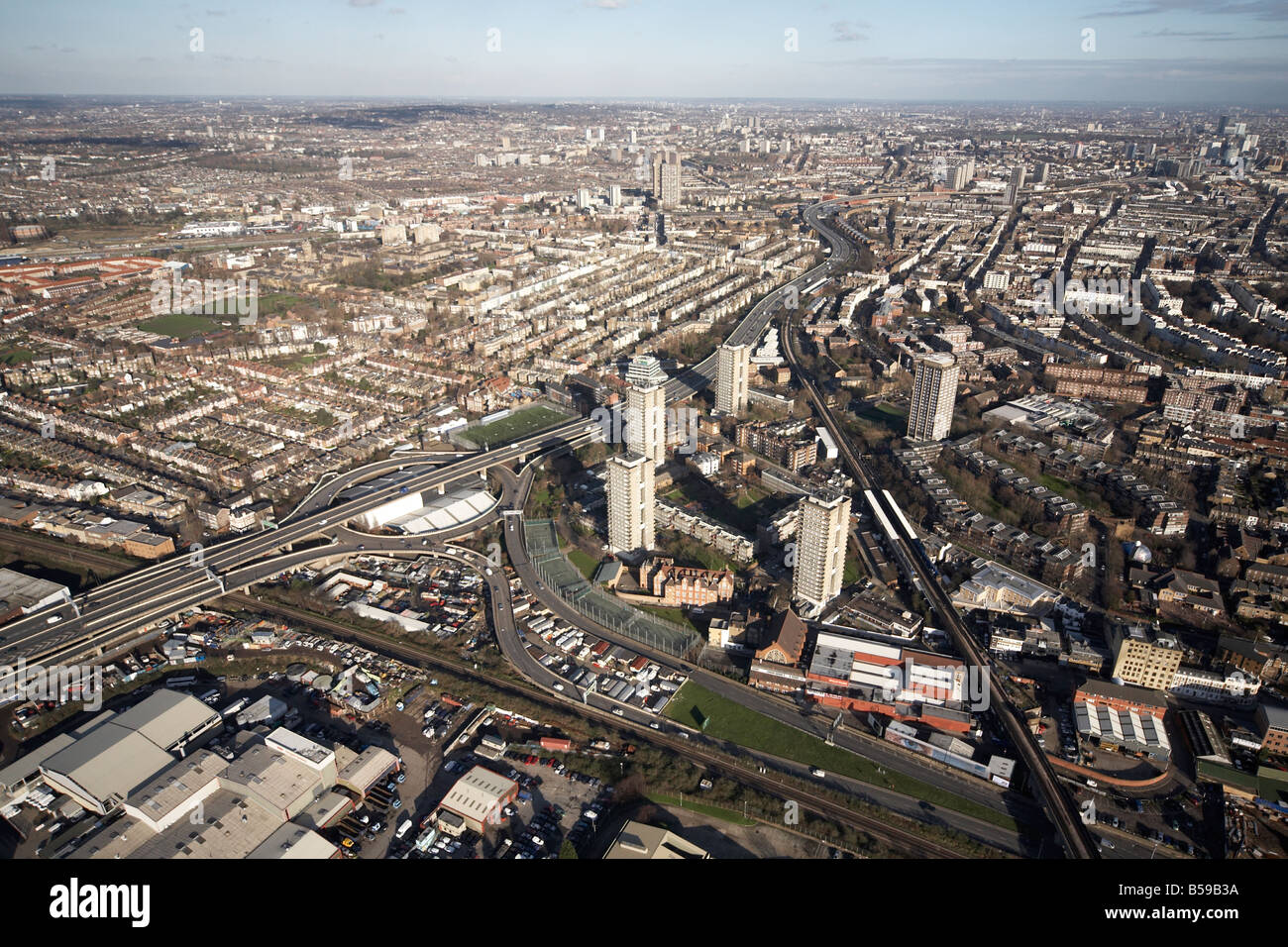 Aerial view north east of Westway A40 M West Cross Route railway line ...