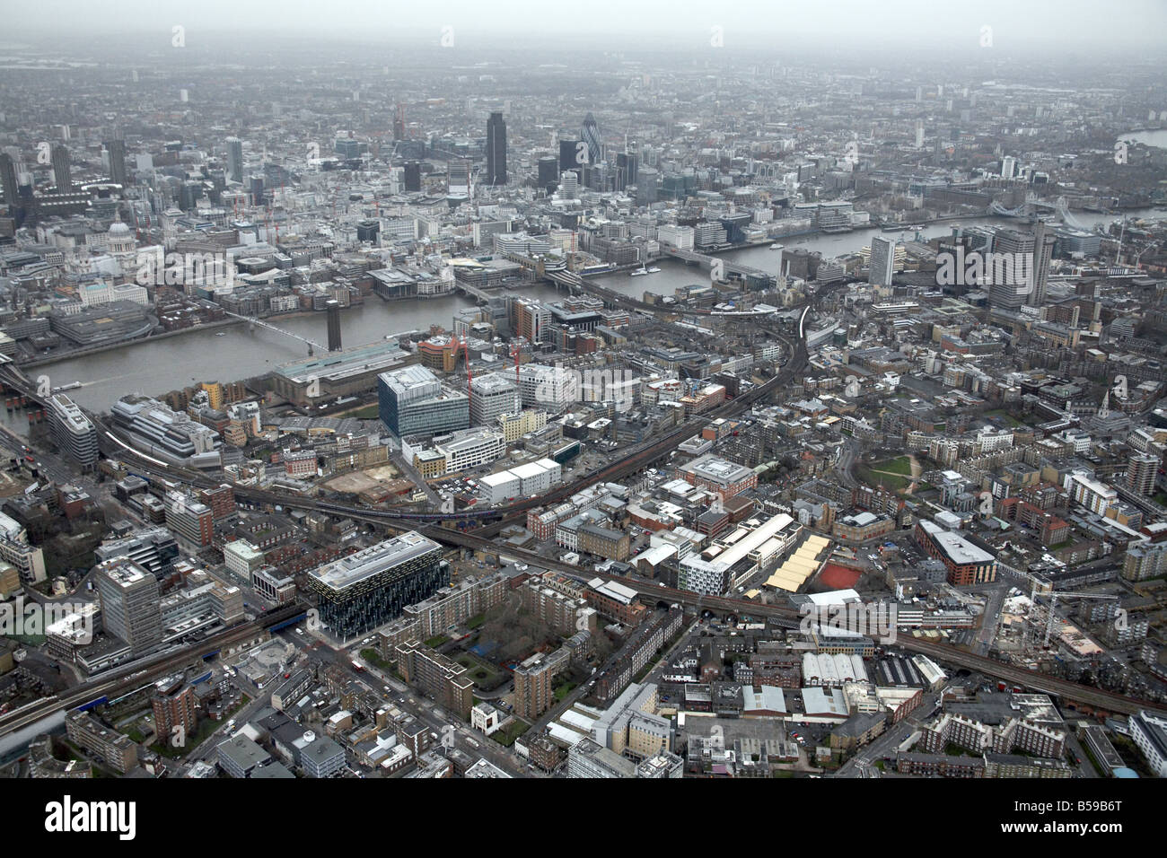 Aerial view north east of inner city buildings The Borough River Thames ...