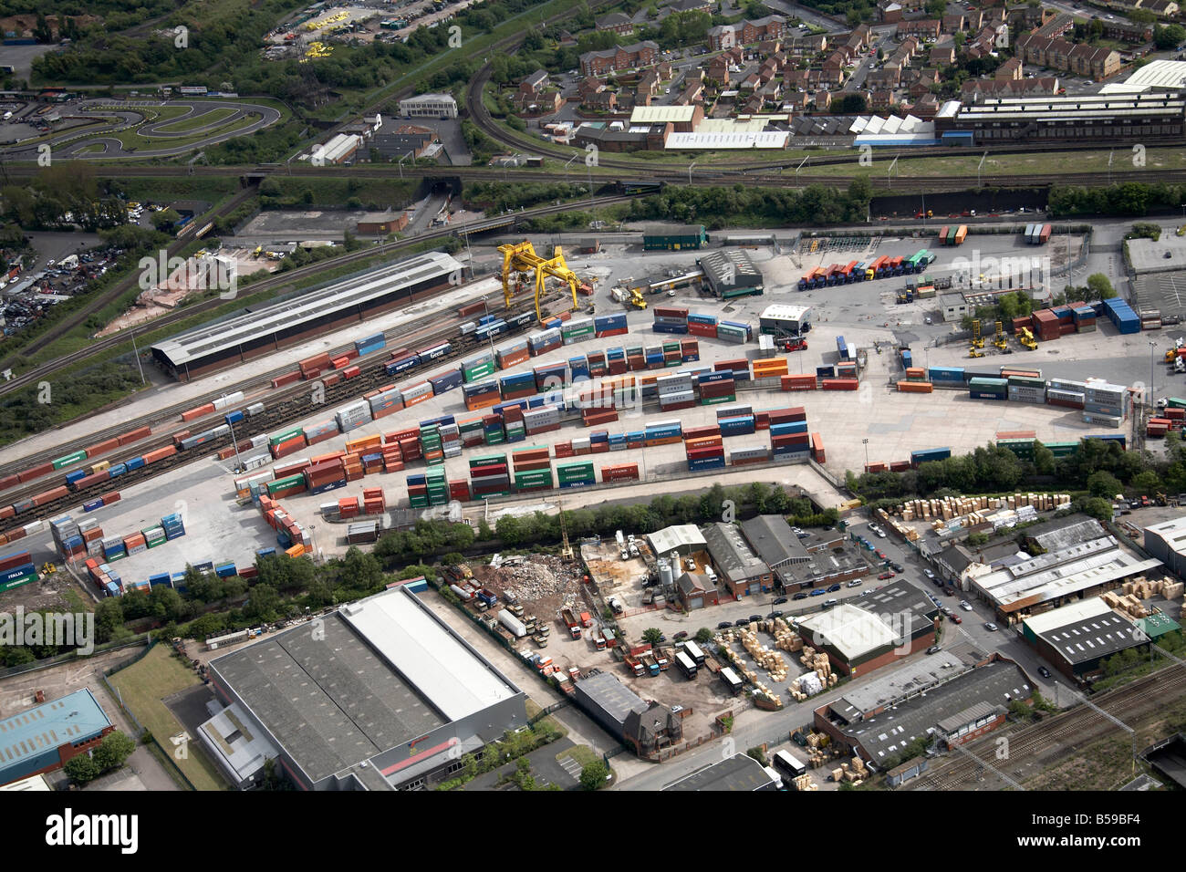Aerial view south east of storage container yard railway lines Landor ...