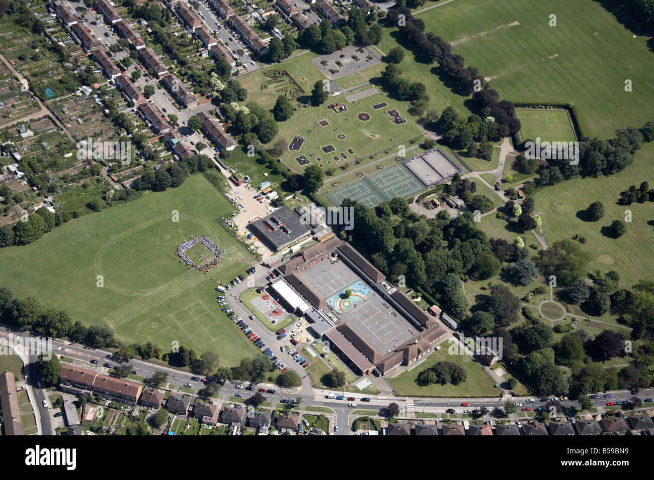 Aerial view south east of Galliard Primary School playing fields tennis ...