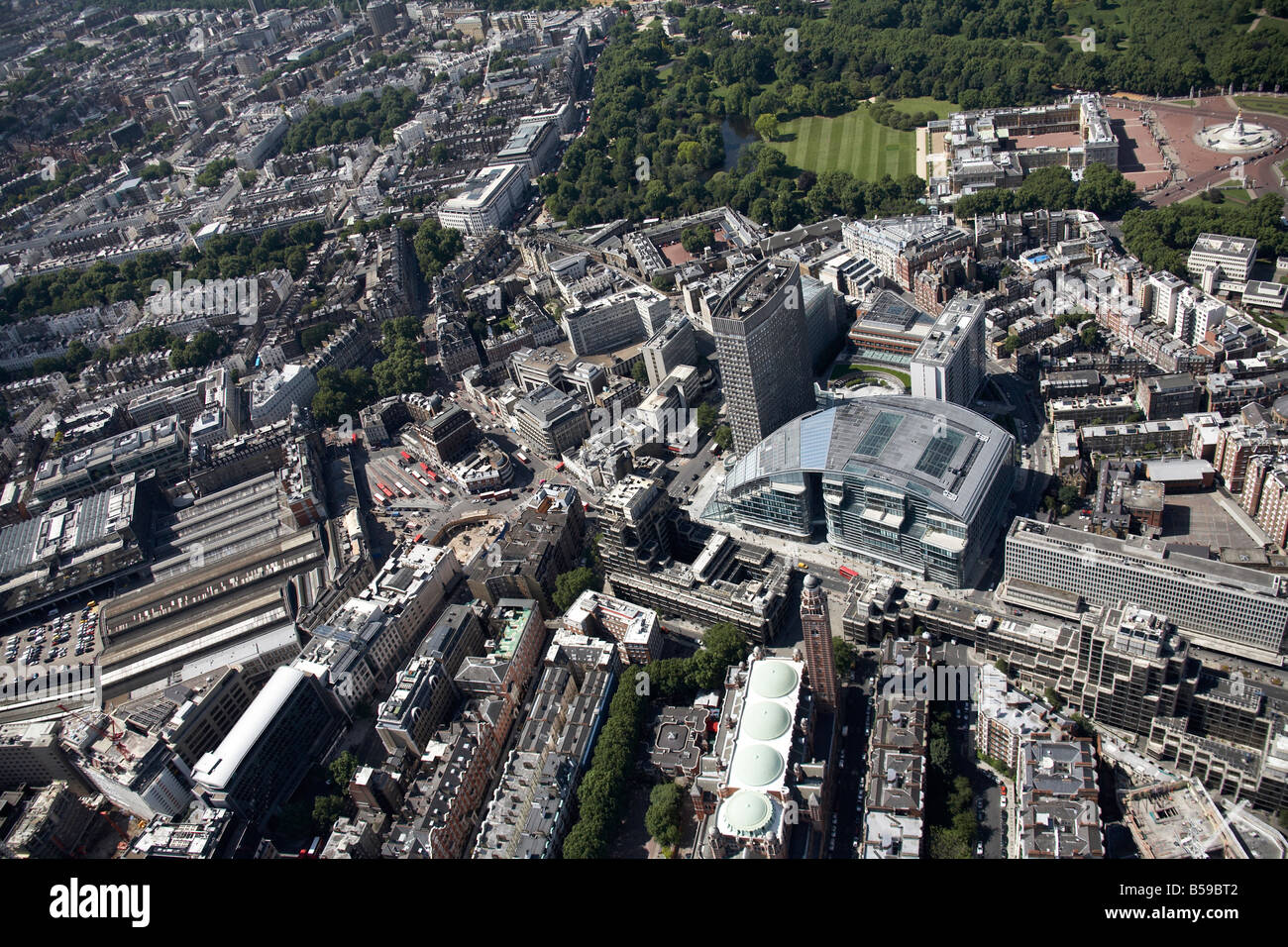 Aerial view north west of inner city buildings tower blocks Buckingham ...