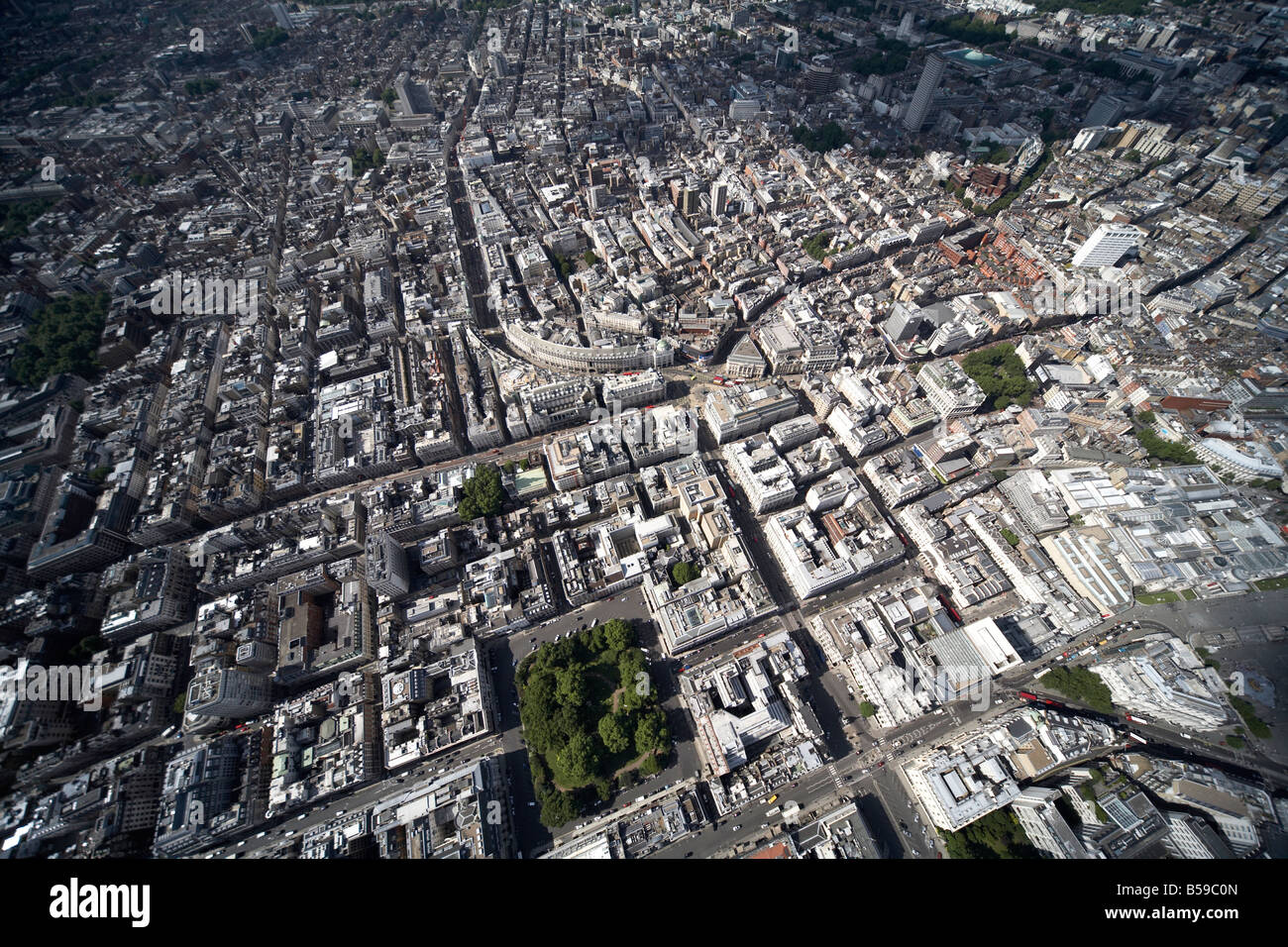 Aerial view north of inner city buildings Mayfair St James s Piccadilly ...