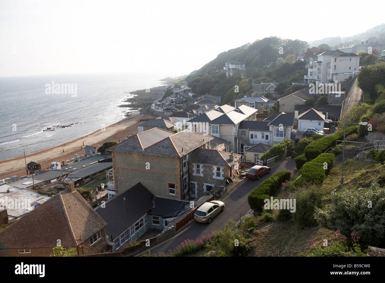 Cliffto view of Houses and sea beach in town of Ventnor Isle of Wight ...