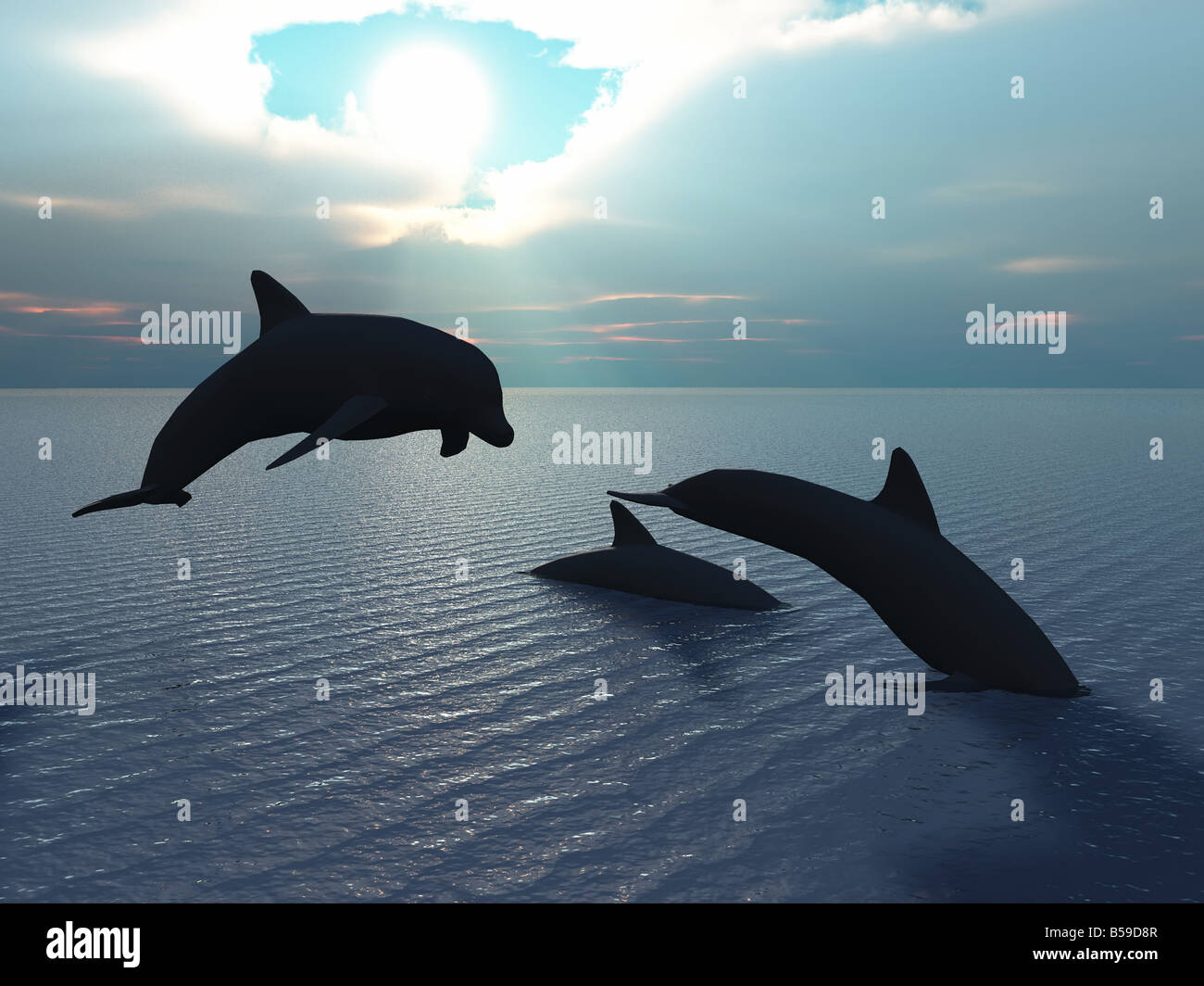Three dolphins floating at ocean control light Stock Photo - Alamy