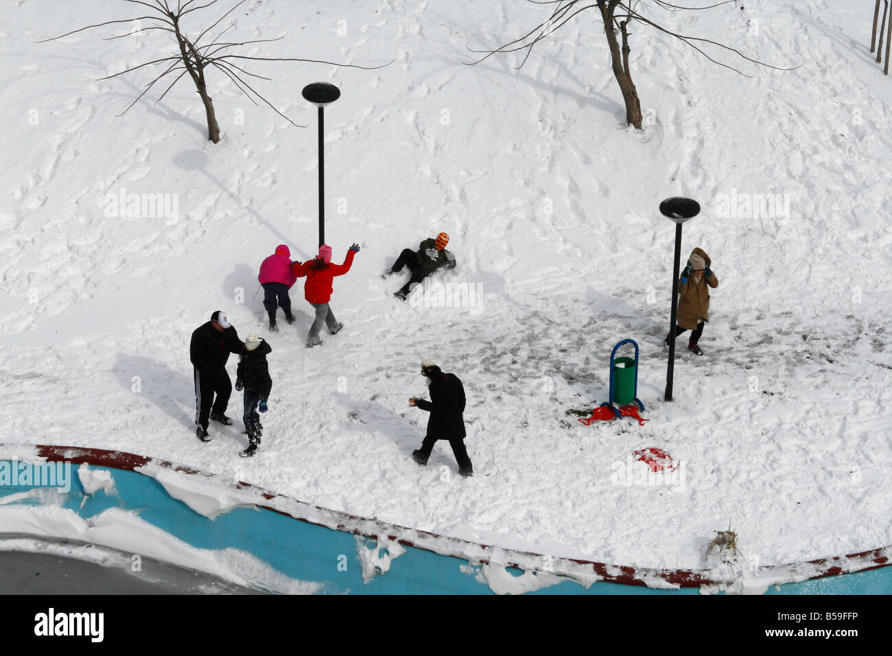 Kids (children) playing snow. Istanbul, Turkey February, 2008 Stock ...