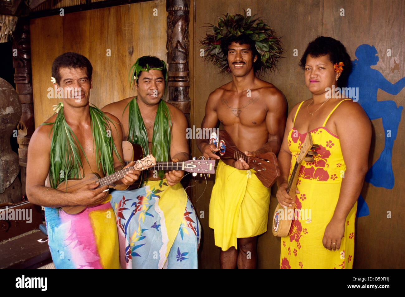 A group of Polynesian musicians welcome visitors to Moorea Tahiti ...