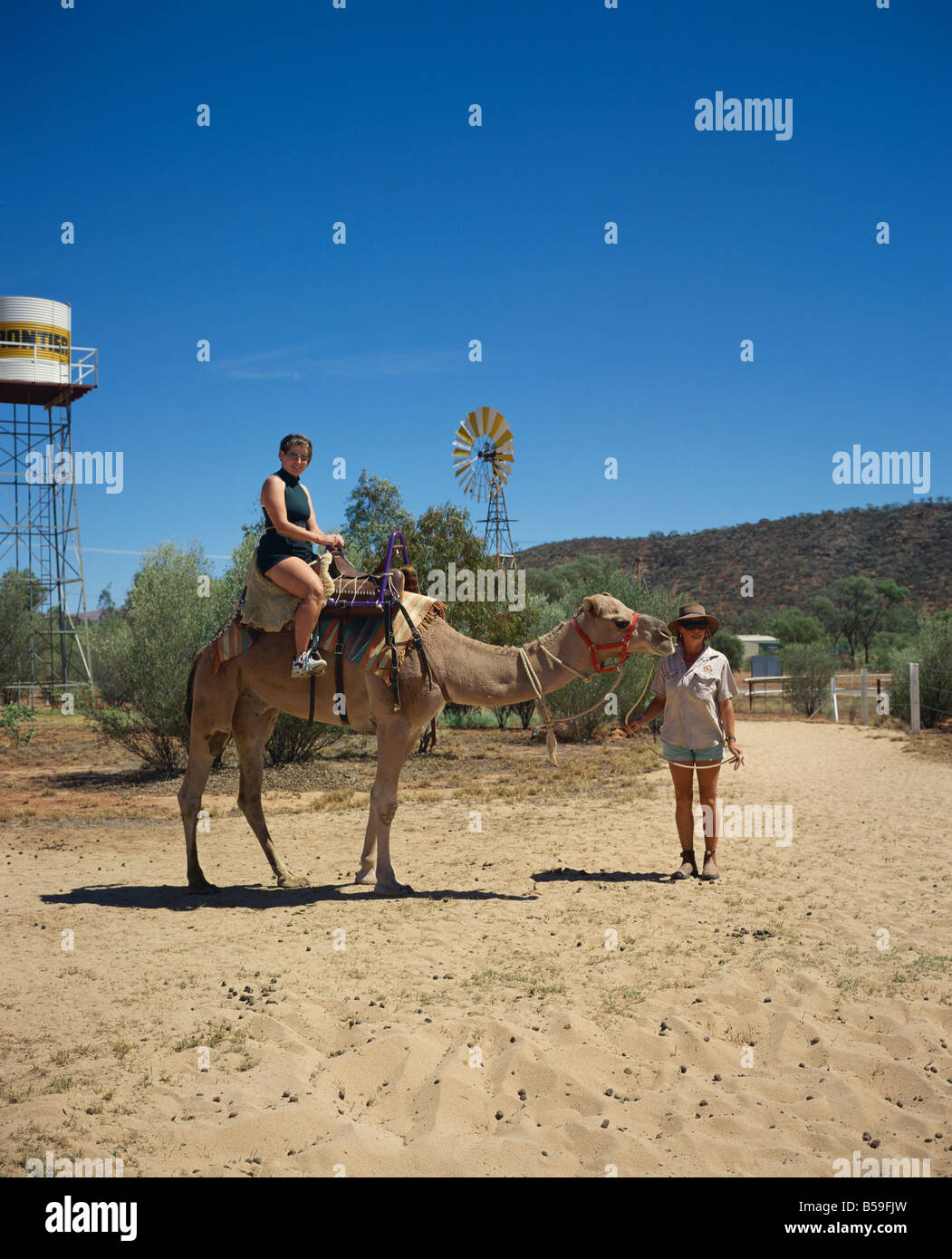 Tourists camel riding Frontier Camel Farm Alice Springs area Northern ...