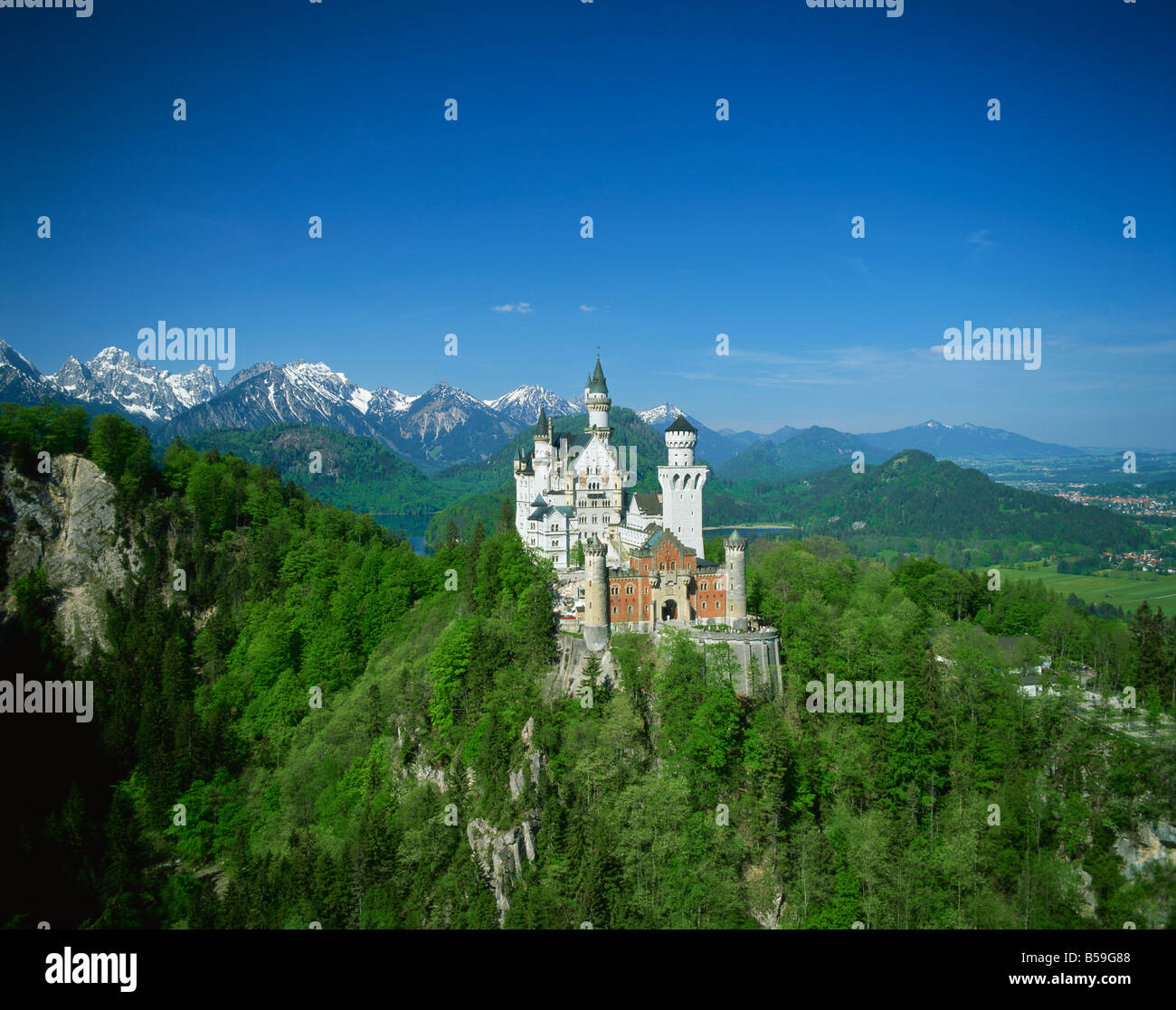 The Neuschwanstein Castle on a wooded hill with mountains in the ...