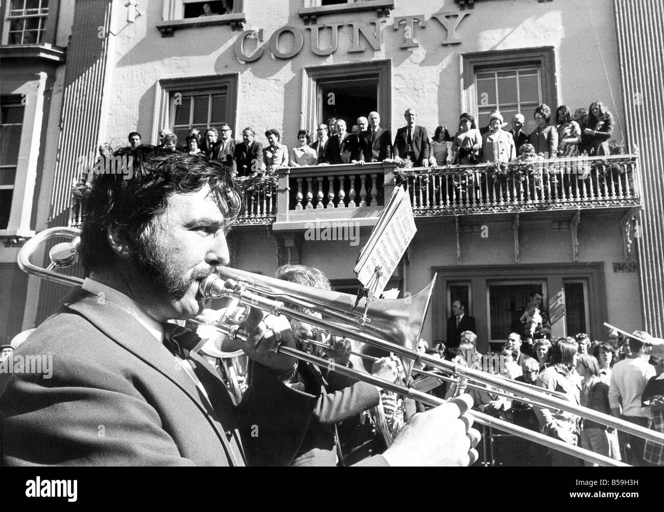Durham Miners Gala VIPs line up on the Royal County Hotel balcony as a ...