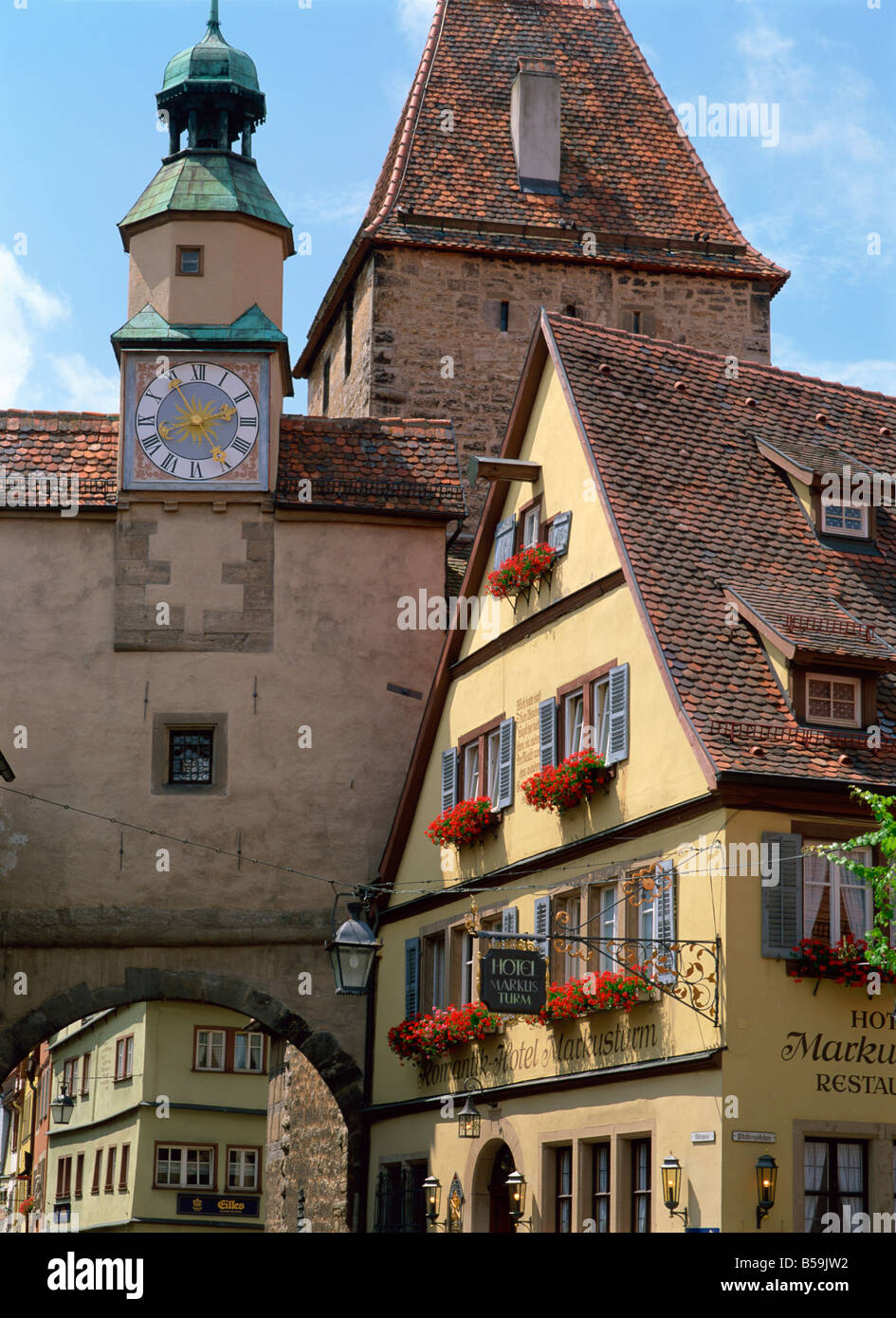 Half timber buildings and clock tower Rothenburg Bavaria Germany Europe ...