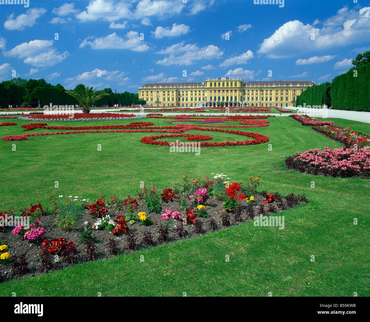 Formal gardens with flower beds in front of the Schonbrunn Palace in ...