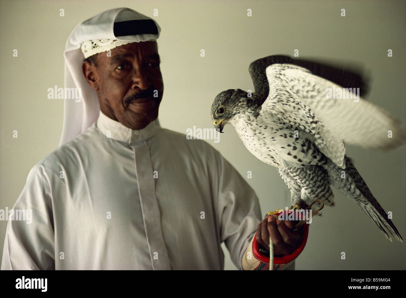 Portrait of falcon handler and Gyr Falcon, Bahrain, Middle East Stock ...