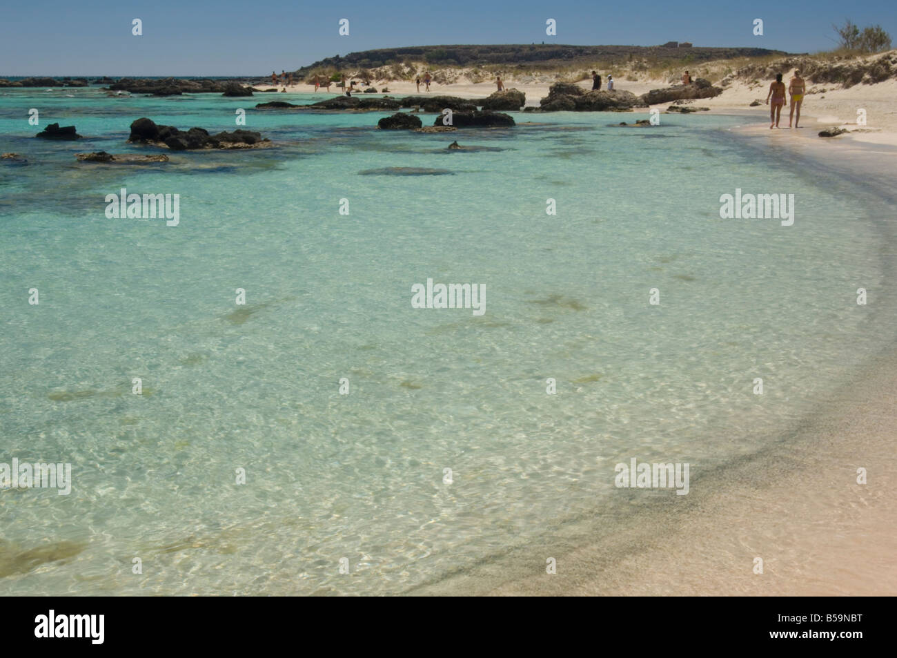 White sand and emerald sea at Elafonisi in western Crete Greek Islands ...