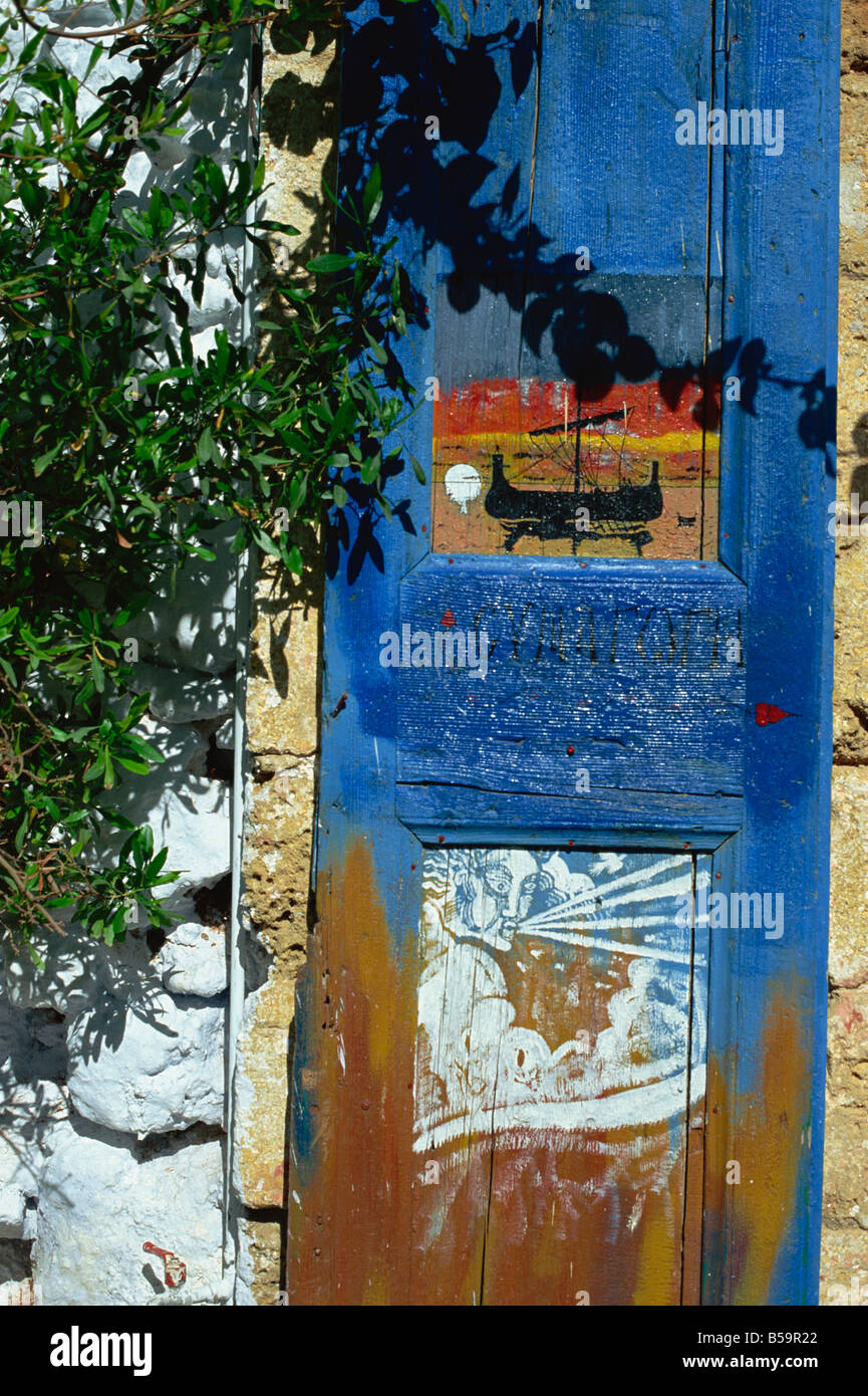 Close up of painted window shutter in the old town Chania Crete Greece ...