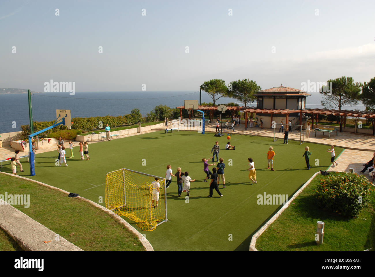 School sports pitch overlooking the mediterranean sea at Monaco Stock ...