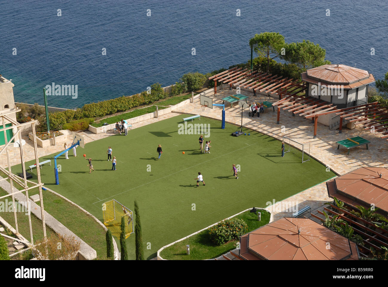School sports pitch overlooking the mediterranean sea at Monaco Stock ...