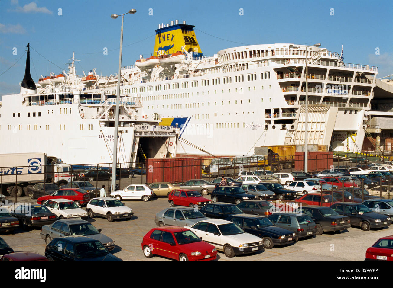 Cars in front of the Ro Ro ferry at the port of Piraeus near Athens ...