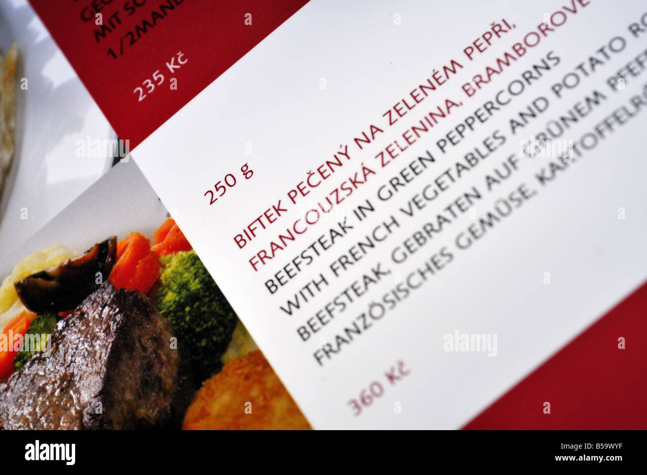 Description in Czech English and German of 250 grams of beef steak ...