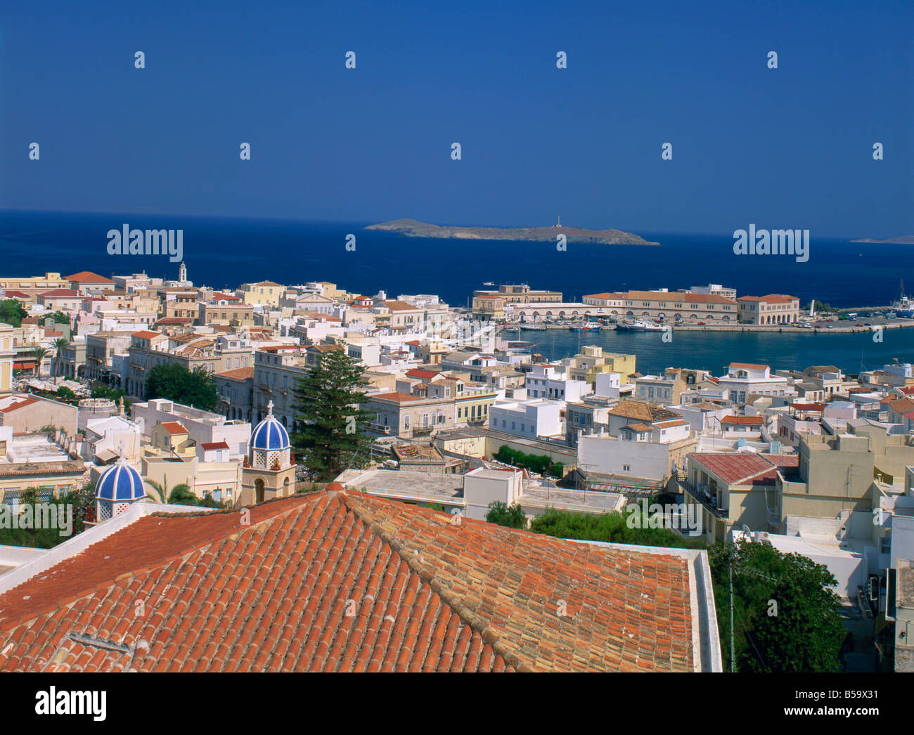 Aerial view over the town and harbour of Ermoupoli Syros Siros Cyclades ...