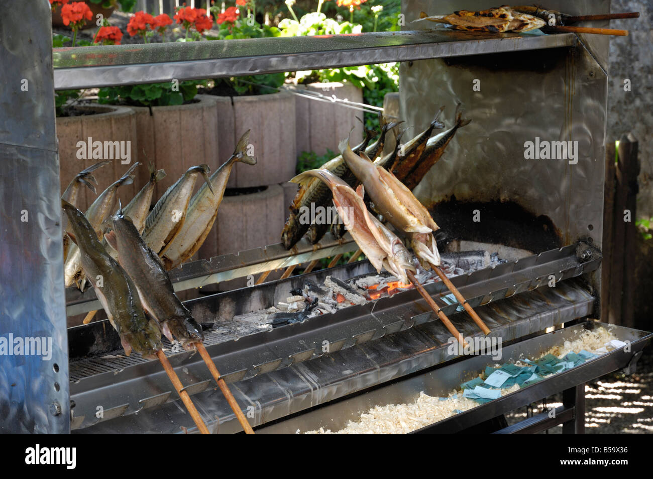 Fish barbeque, beer garden at Andechs Monastery, near Munich, Bavaria ...