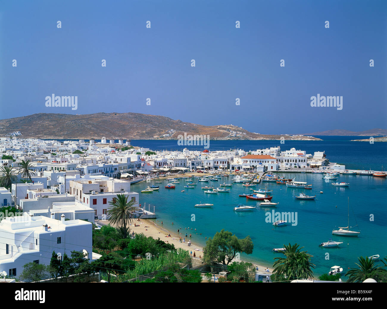 The harbour and town of Mykonos Cyclades Greek Islands Greece Europe ...