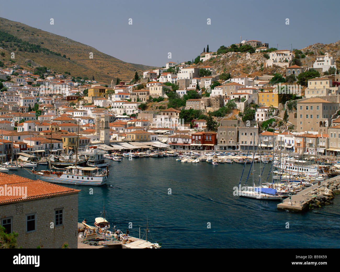 The harbour and town on Hydra Argo Saronic Islands Greek Islands Greece ...
