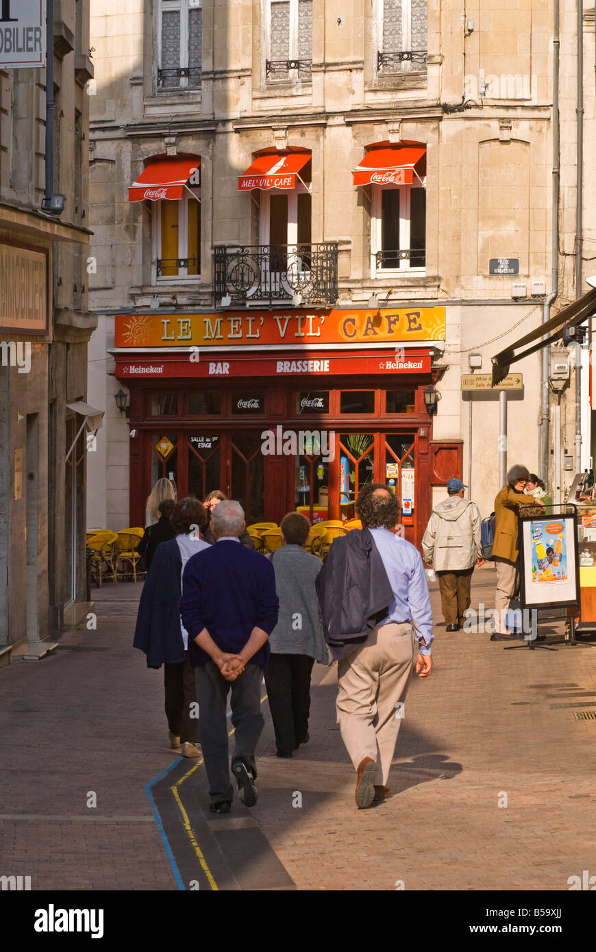 People / tourists in city center pedestrian area, Poitiers, Vienne ...