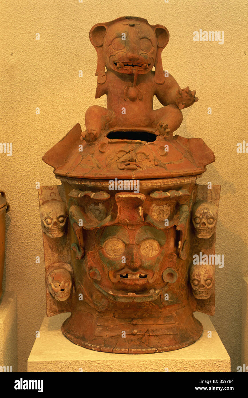 Close up of a Mayan funerary urn in the Popol Vuh Museum in Guatemala ...