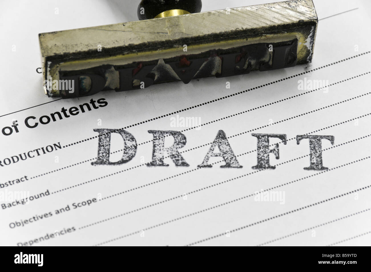 Draft stamp on a page containing a table of contents of a generic ...