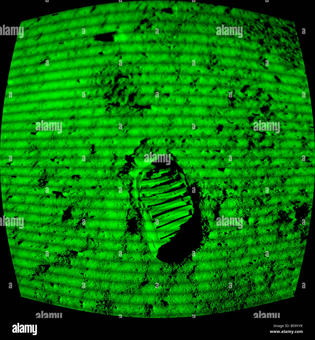 NASA astronaut footprint on moon surface on security TV monitor Stock ...
